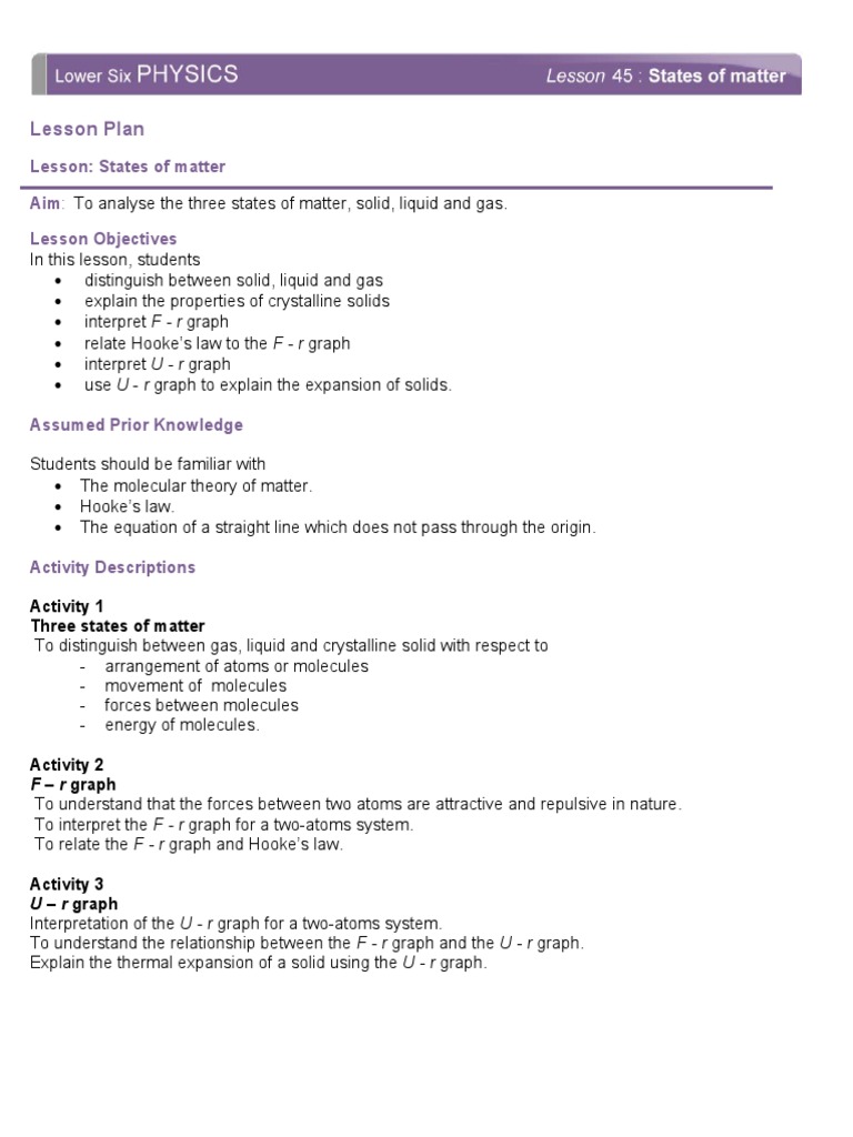 Lessonplan State of Matter | PDF | Solid | Gases