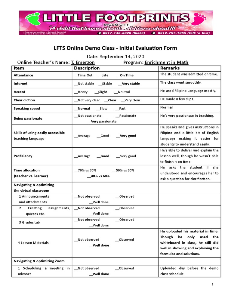 LFTS Math Demo Class Evaluation Form | PDF | Pedagogy | Learning