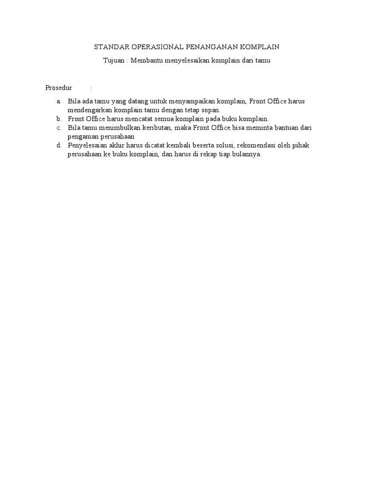 Standar Operasional Penanganan Komplain | PDF | Pengelolaan Keuangan & Uang