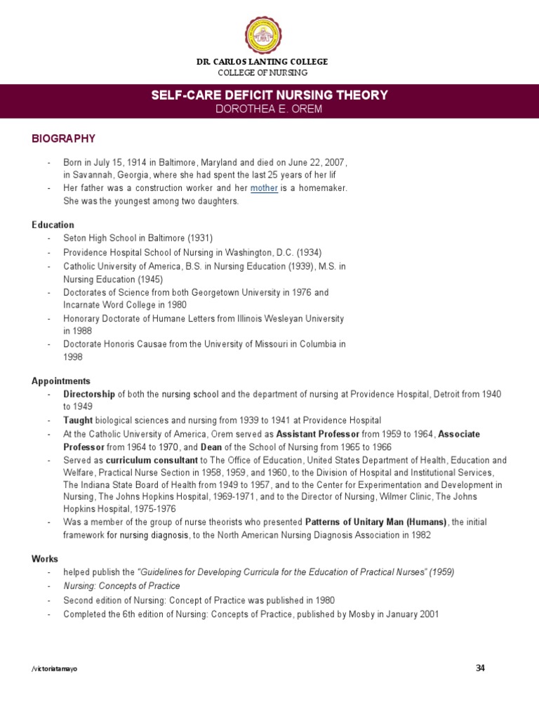 Dorothea Orem - Self-Care Deficit Nursing Theory | PDF | Cardiovascular ...