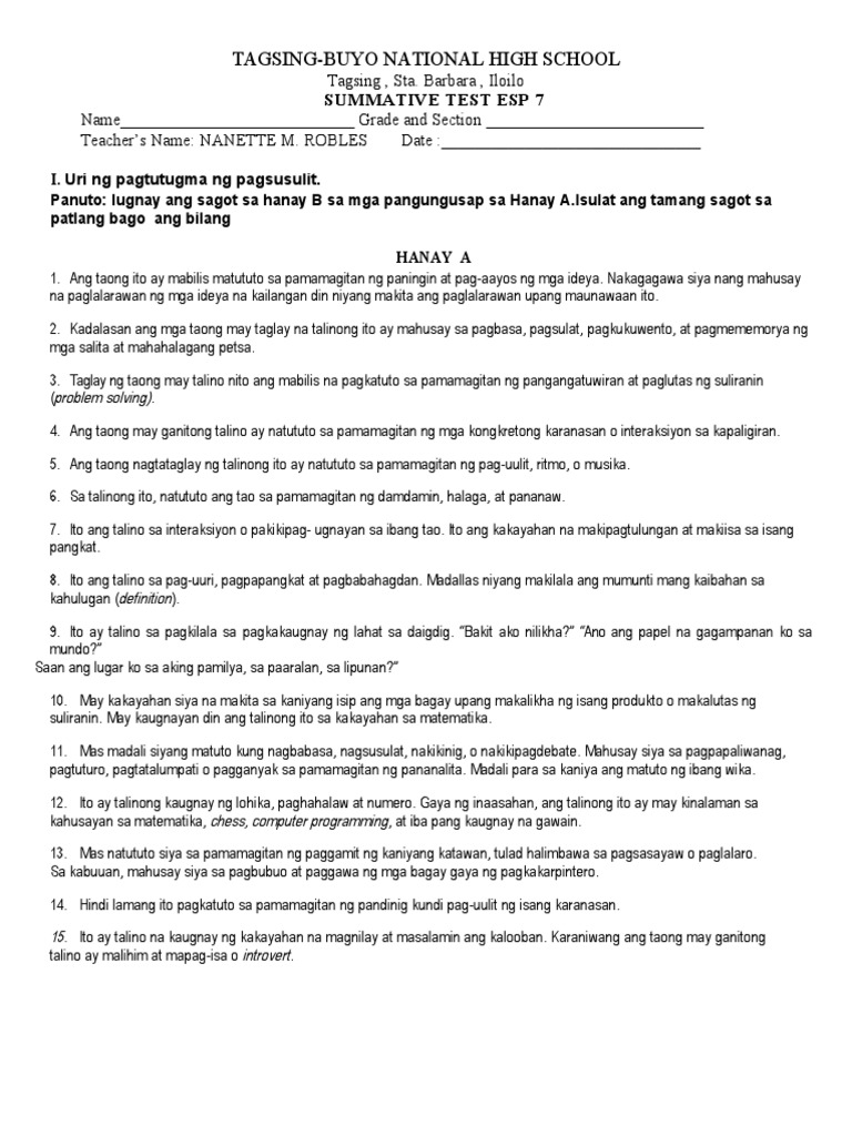 ESP Summative Test | PDF