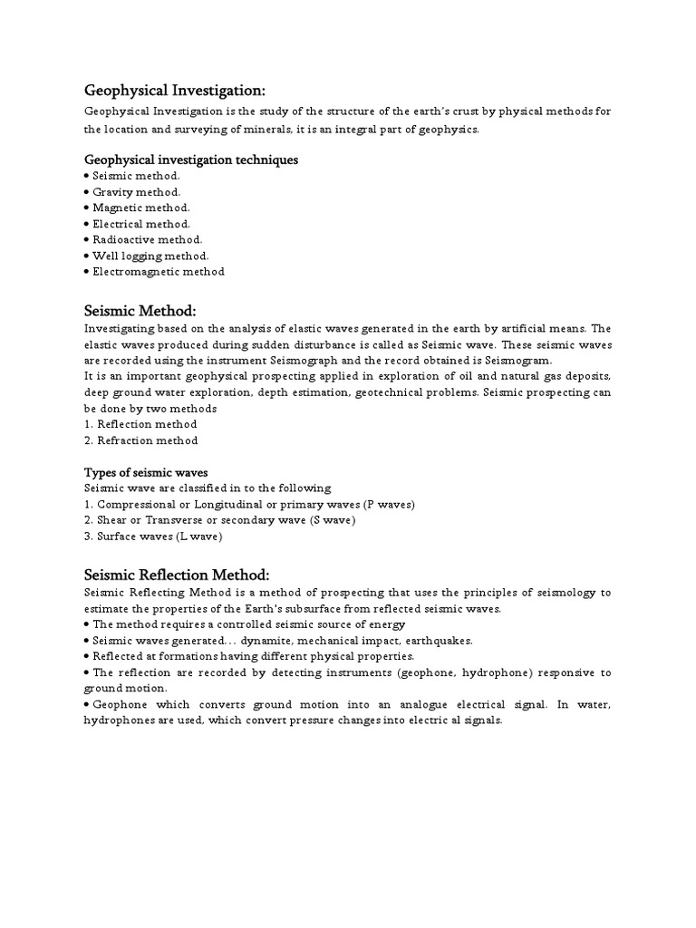 Geophysical Investigation Techniques | PDF | Seismology | Geophysics