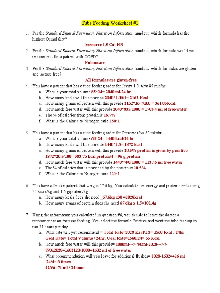 Tube Feeding Worksheet #1: 2040 835/1000 1703.4 ML of Free Water | PDF ...