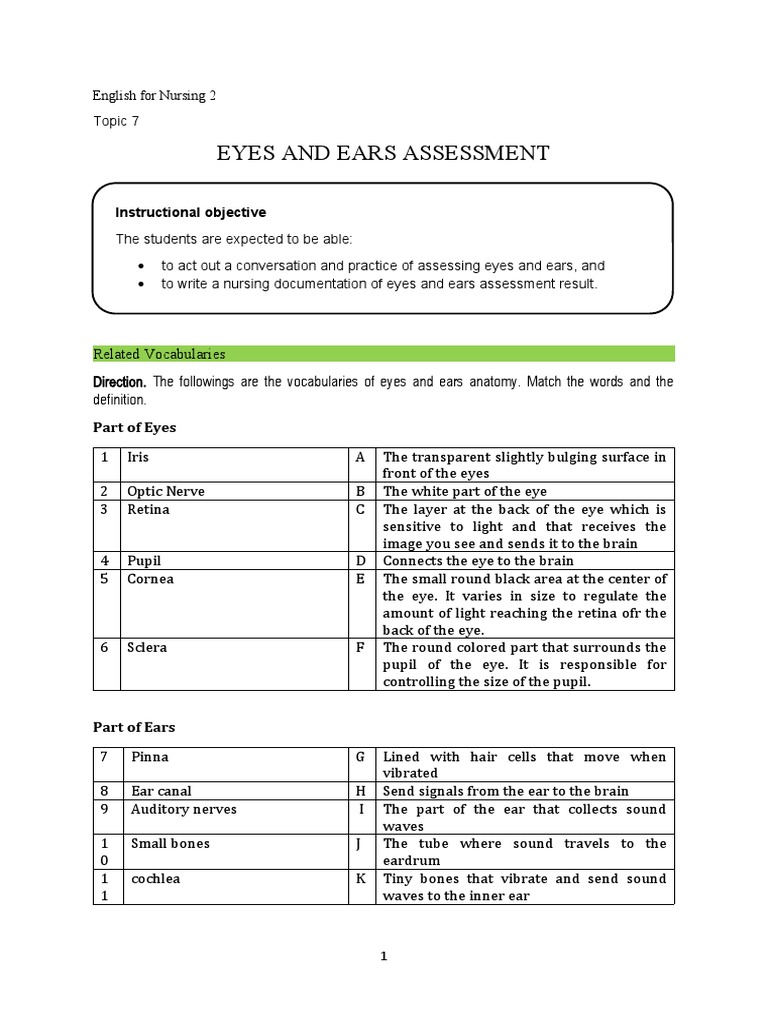 Learning Material Topic 7 Eyes and Ears Assessment | PDF | Ear | Eye