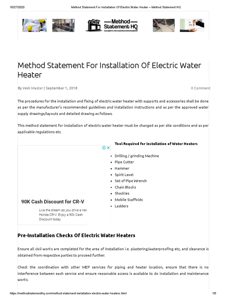 Method Statement For Installation of Electric Water Heater - Method ...
