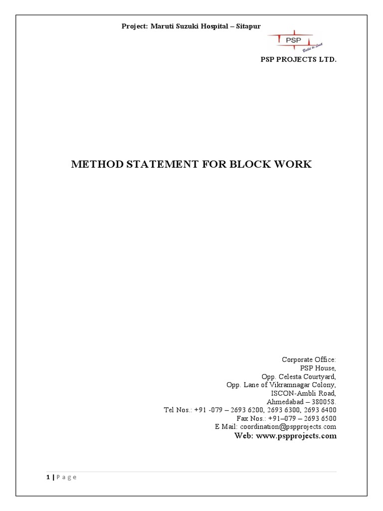 Method Statement Of Block Work Pdf Mortar Masonry Personal