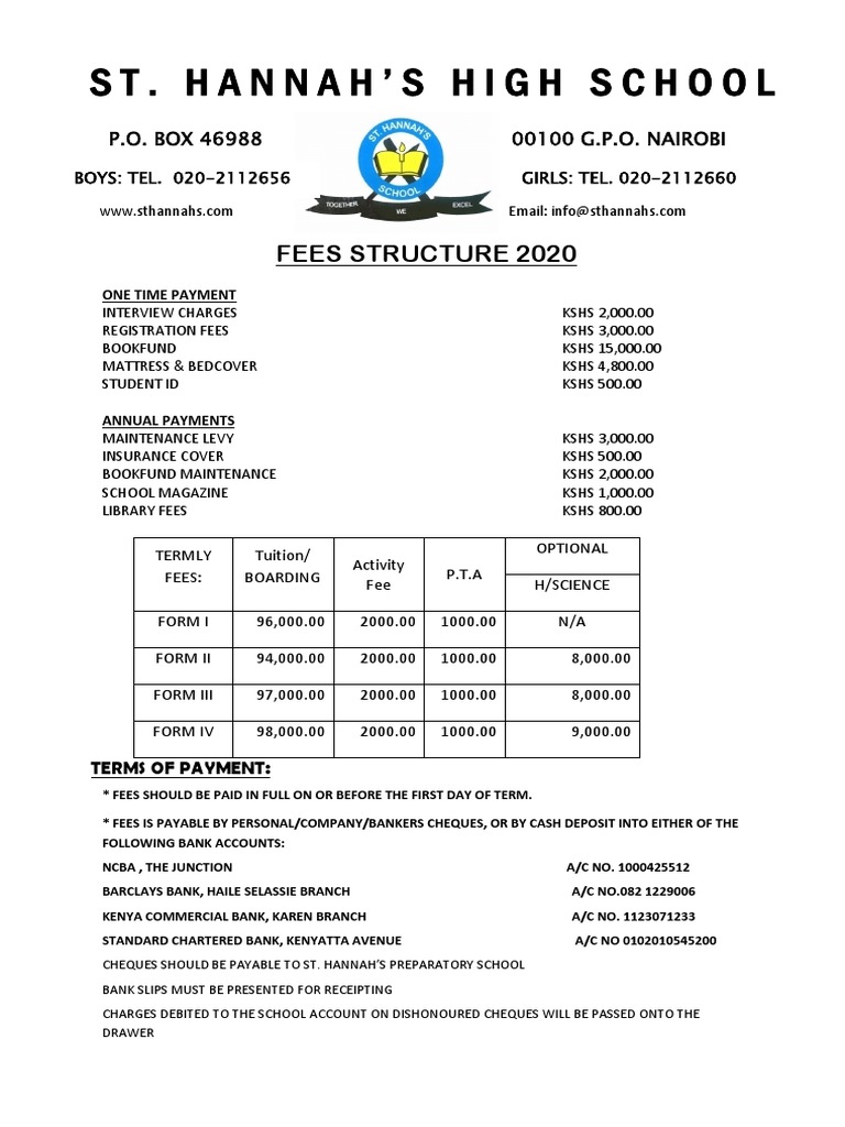 ST Hannah's High-School-Fees-Structure-2020 | PDF | Cheque | Payments