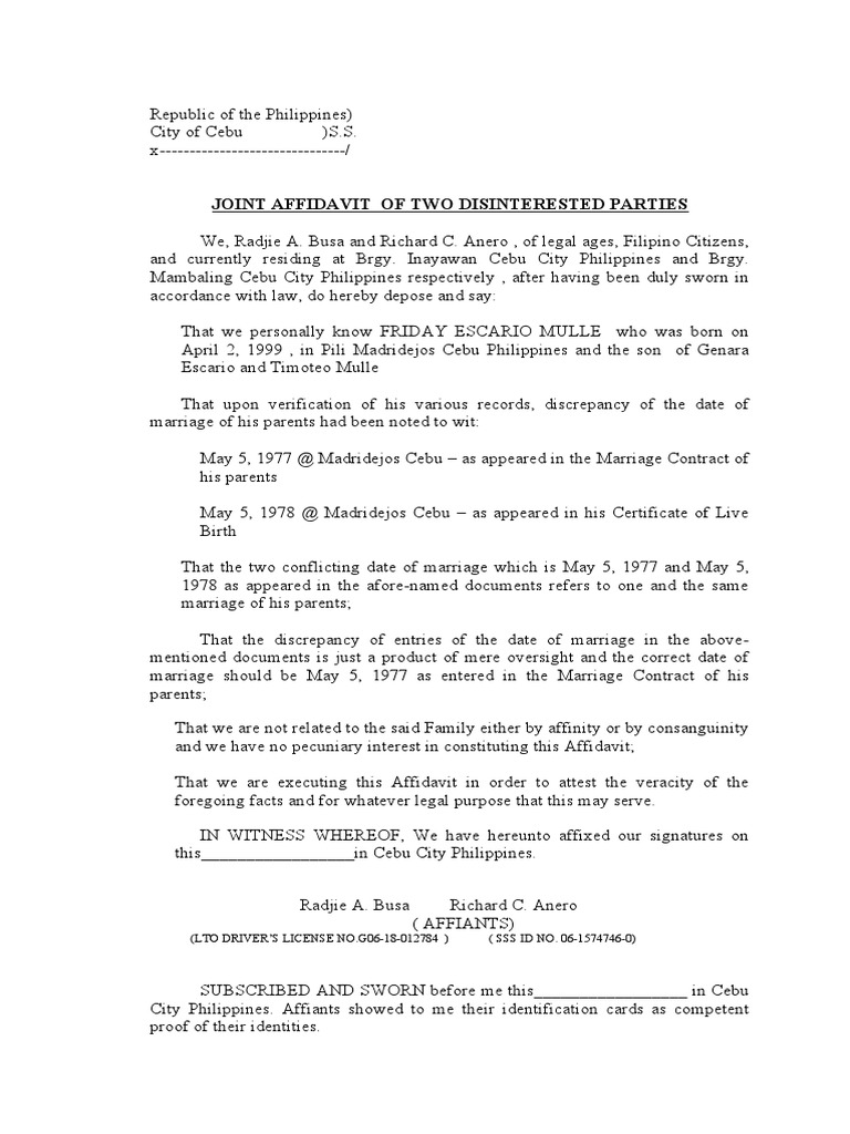 Joint Affidavit of Two Disinterested Parties | PDF