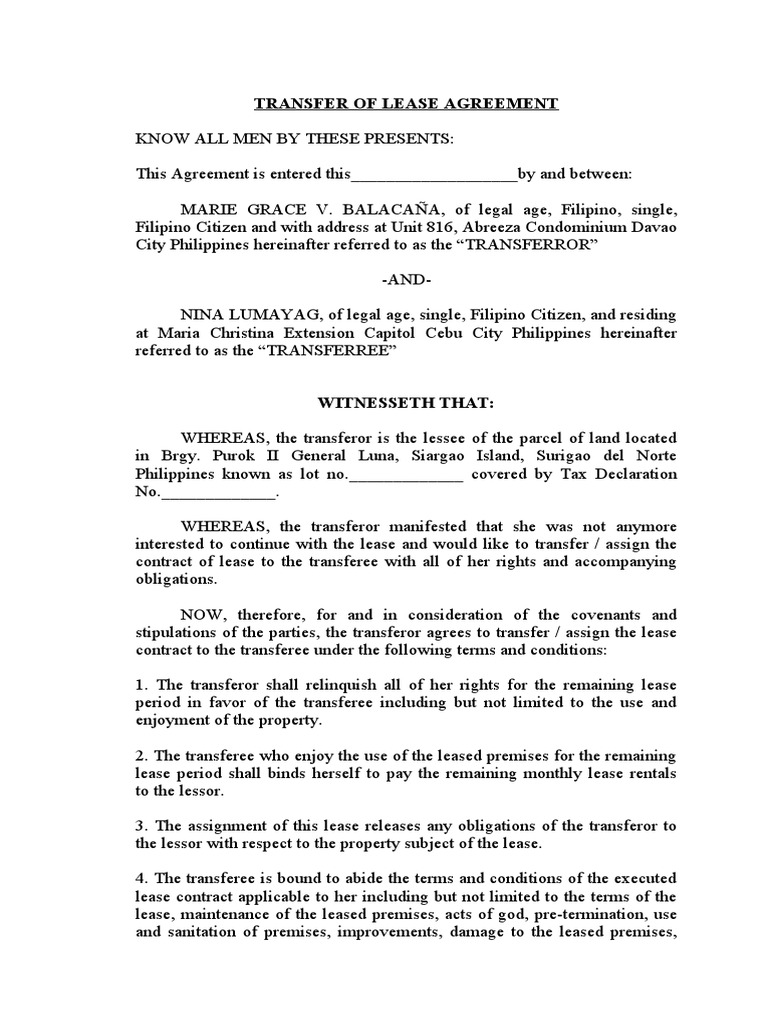 Transfer of Lease Agreement | PDF | Lease | Real Property Law