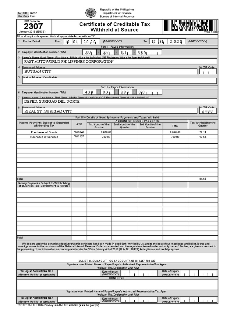 2307 Jan 2018 ENCS v3.1 | PDF | Withholding Tax | Value Added Tax