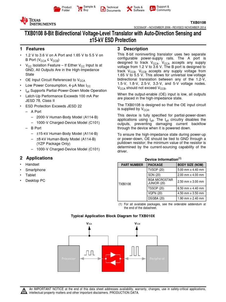 TXB0108 8-Bit Bidirectional Voltage-Level Translator With Auto ...