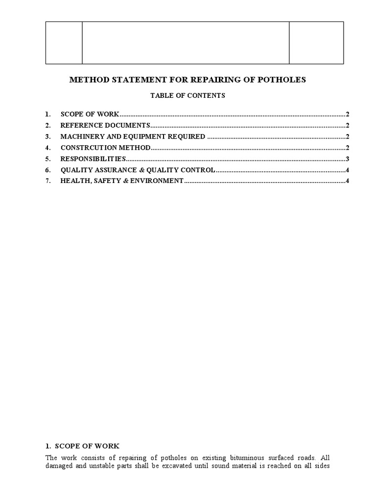 Method Statement For Repairing of Potholes | Download Free PDF ...