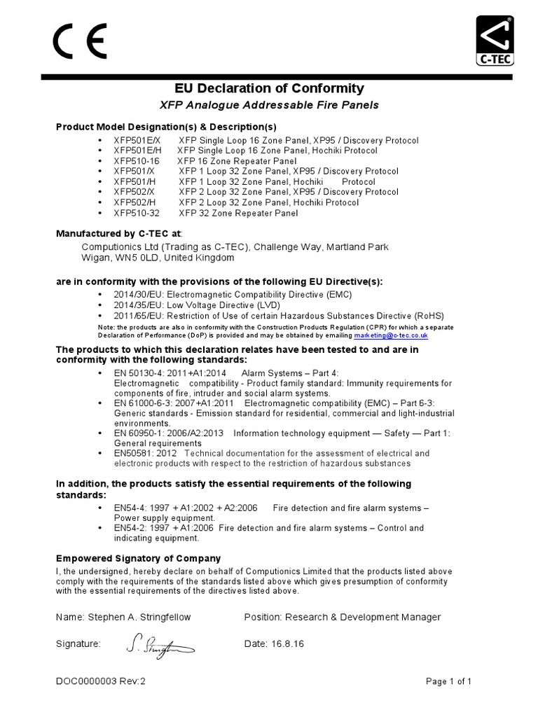 EU Declaration of Conformity: XFP Analogue Addressable Fire Panels ...