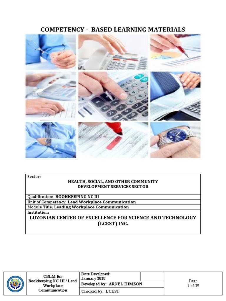 CBLM for Bookkeeping: Workplace Communication | PDF | Educational Assessment | Question