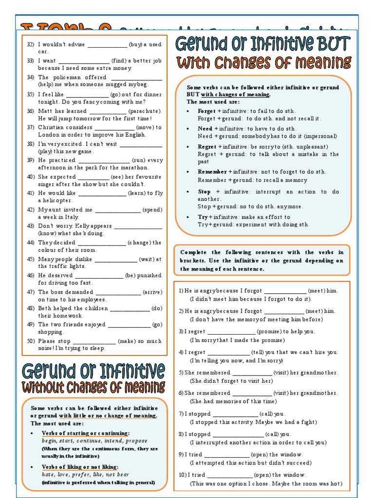 Verbs Followed by Gerund or Infinitive Grammar Drills Information Gap ...