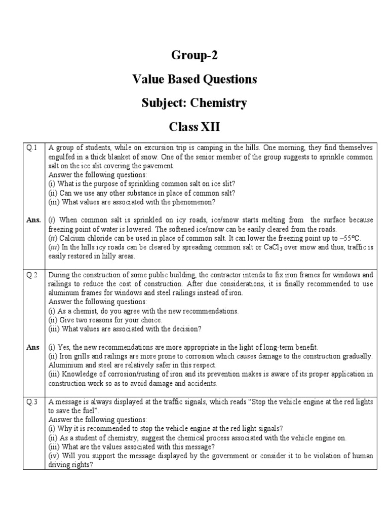 Group-2 Value Based Questions Subject: Chemistry Class XII | PDF ...