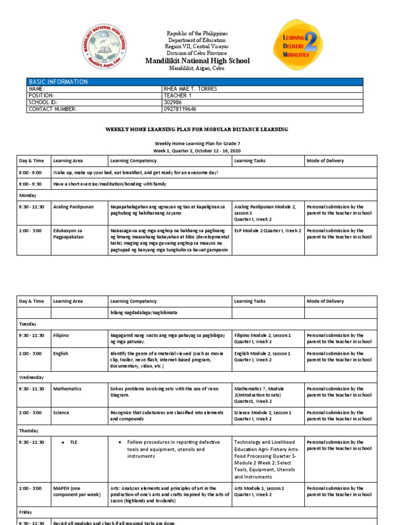 Weekly Home Learning Plan For Grade 7 Week 2 | PDF | Behavior ...