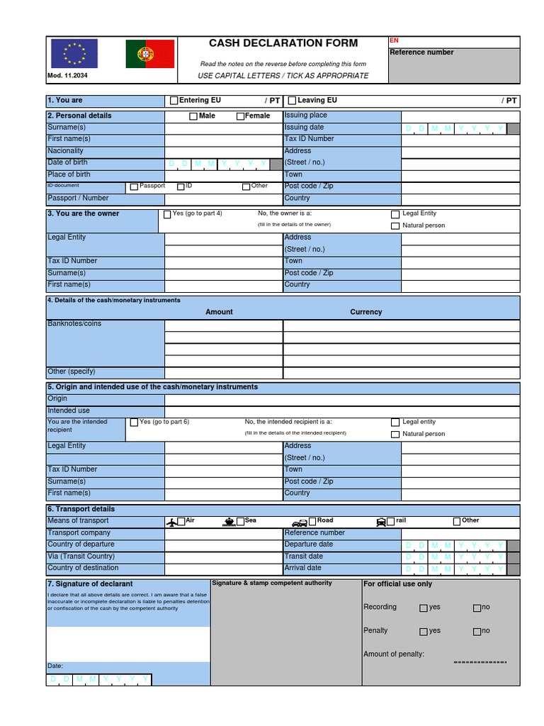 Cash Declaration Form: Y Y Y M Y M D D | PDF | Money | European Union