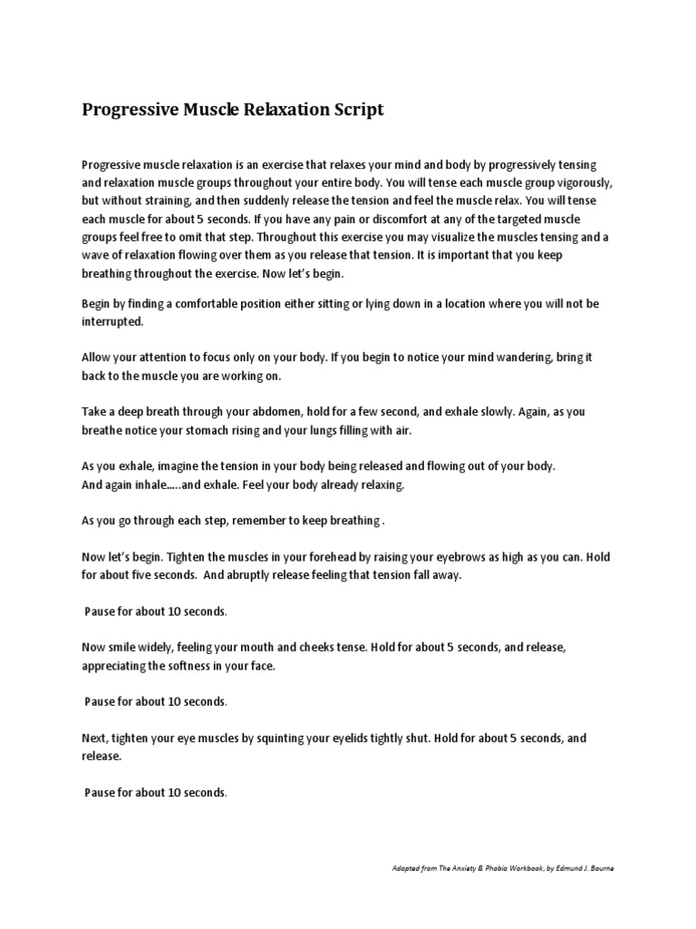 Progressive Muscle Relaxation Script: Adapted From The Anxiety & Phobia ...
