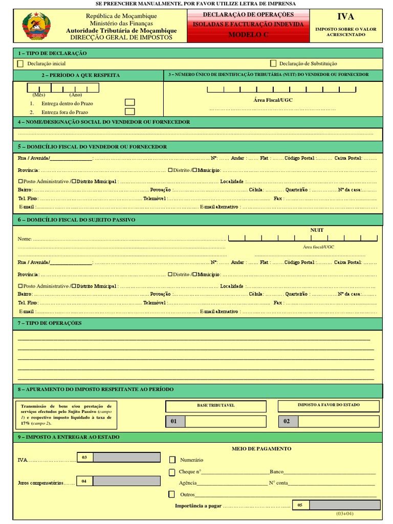 Modelo C - IVA - DECLARAÇÃO DE OPERAÇÕES ISOLADAS E FACTURAÇÃO INDEVIDA ...