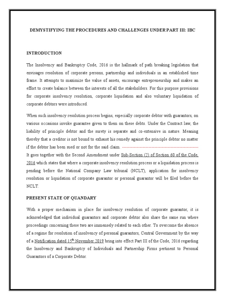 Procedure and Challenges For Insolvency Under Part III | Download Free PDF | Bankruptcy | Guarantee