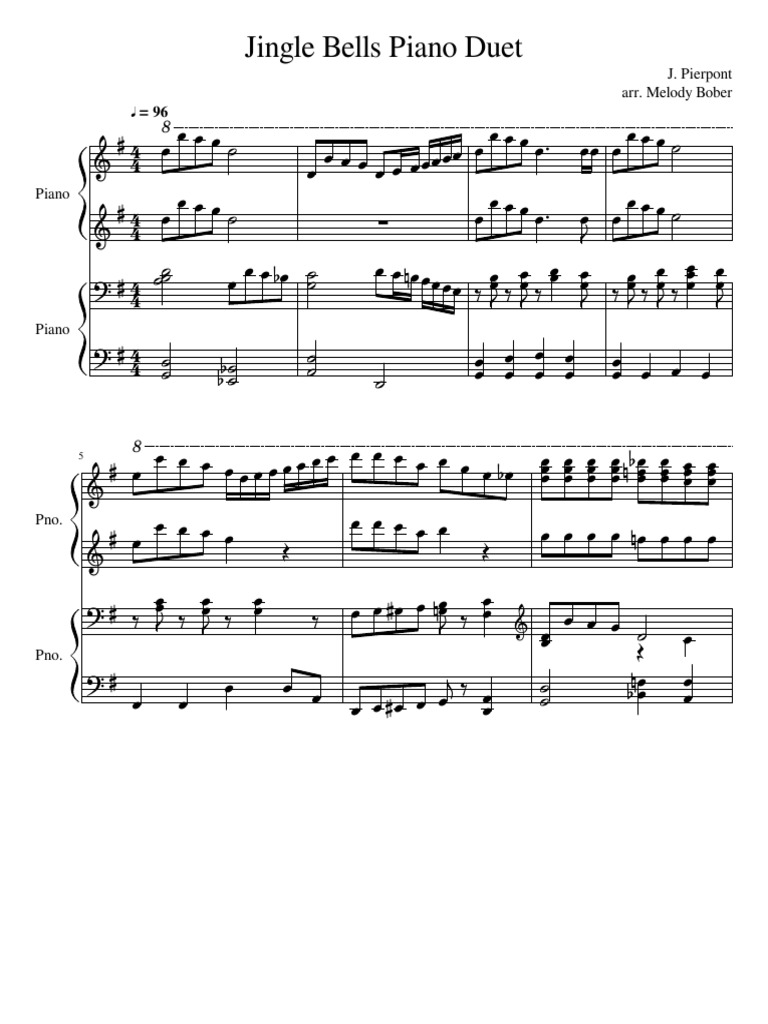 Jingle Bells Piano Duet: J. Pierpont Arr. Melody Bober 96 | PDF ...
