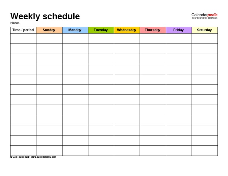 Weekly Schedule: Time / Period Sunday Monday Tuesday Wednesday Thursday ...