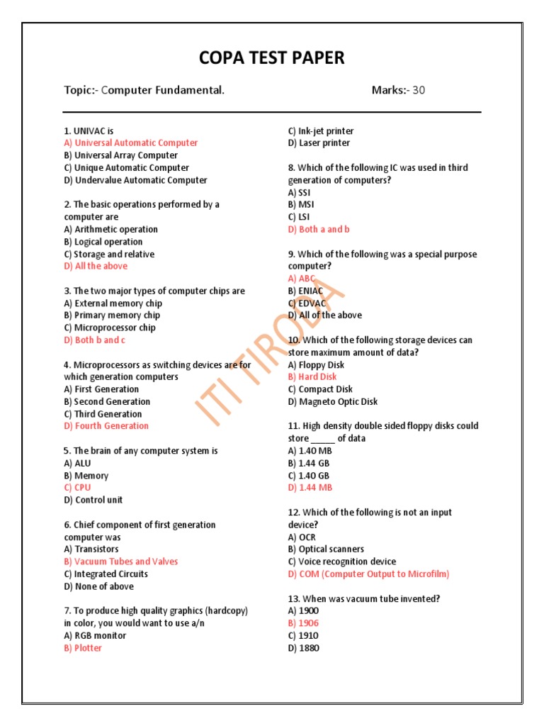 Copa Test Paper: Topic:-Computer Fundamental. Marks: - 30 | PDF ...