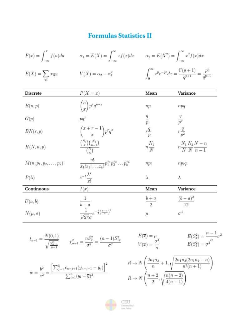Formulas Statistics II: ∫ = E (X) = ∫ = E (X) = ∫ ∫ Γ (p + 1) = | PDF ...