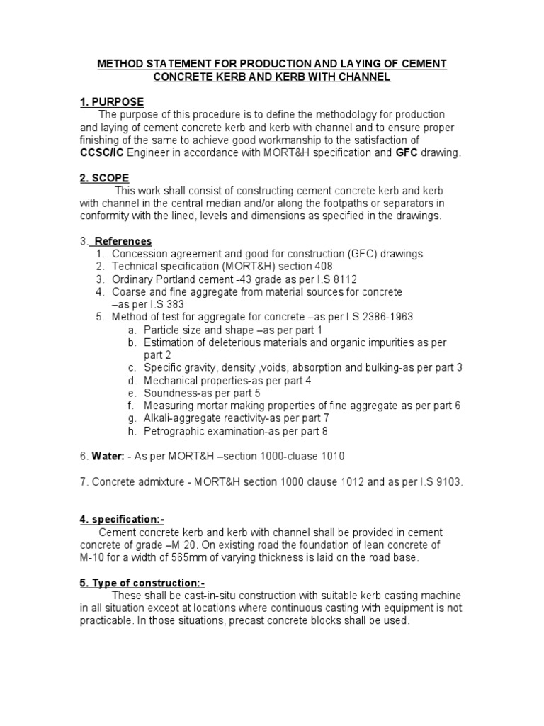 Method Statement For Production and Laying of Cement Concrete Kerb and Kerb With Channel | PDF ...