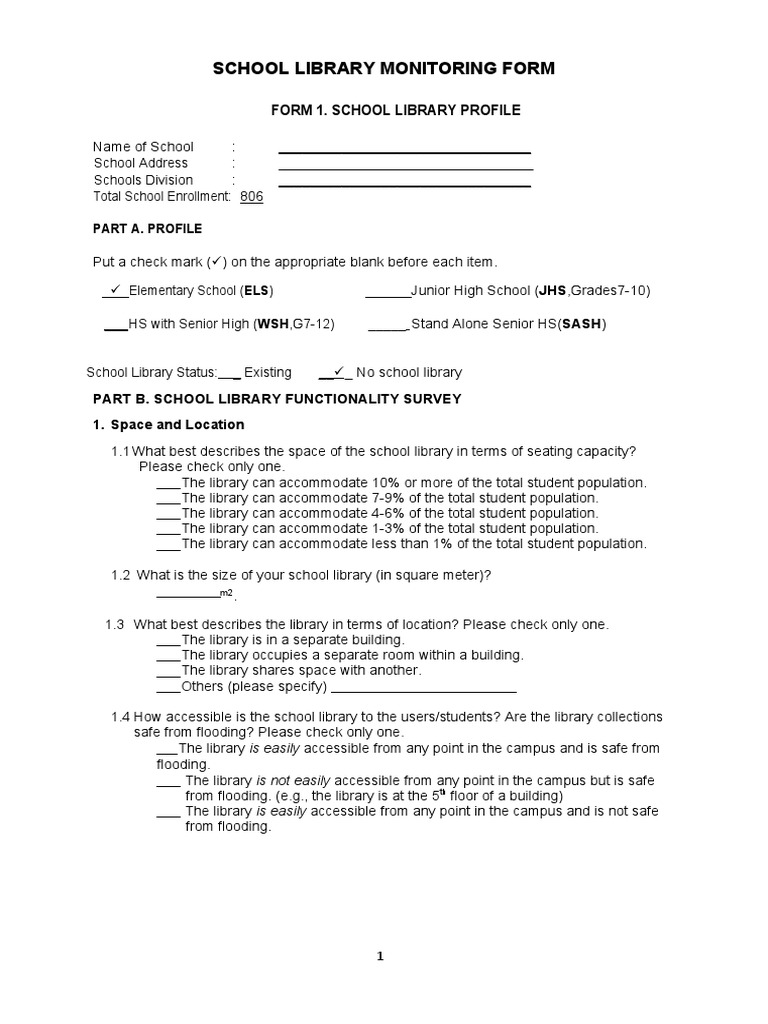 Form 1. School Library Profile | PDF | School Library | Schools