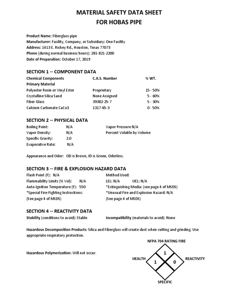Material Safety Data Sheet For Hobas Pipe | PDF | Fiberglass | Personal ...
