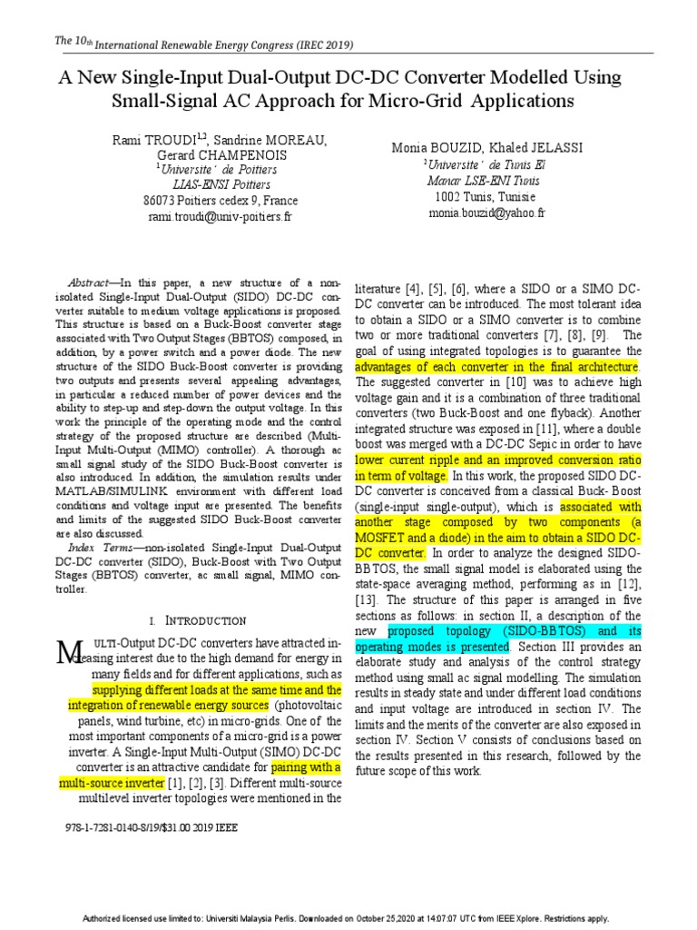 A New Single-Input Dual-Output DC-DC Converter Modelled Using | PDF ...