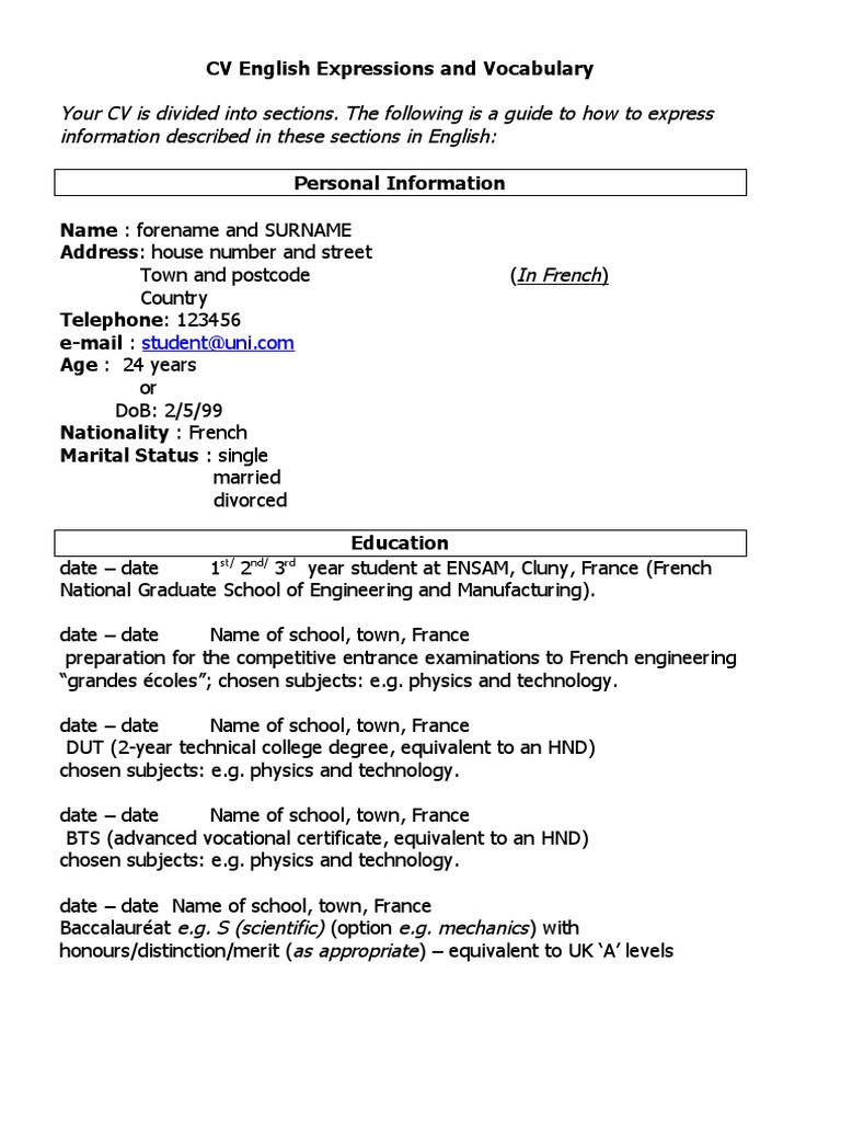 English CV Vocabulary Guide | PDF | France | English Language