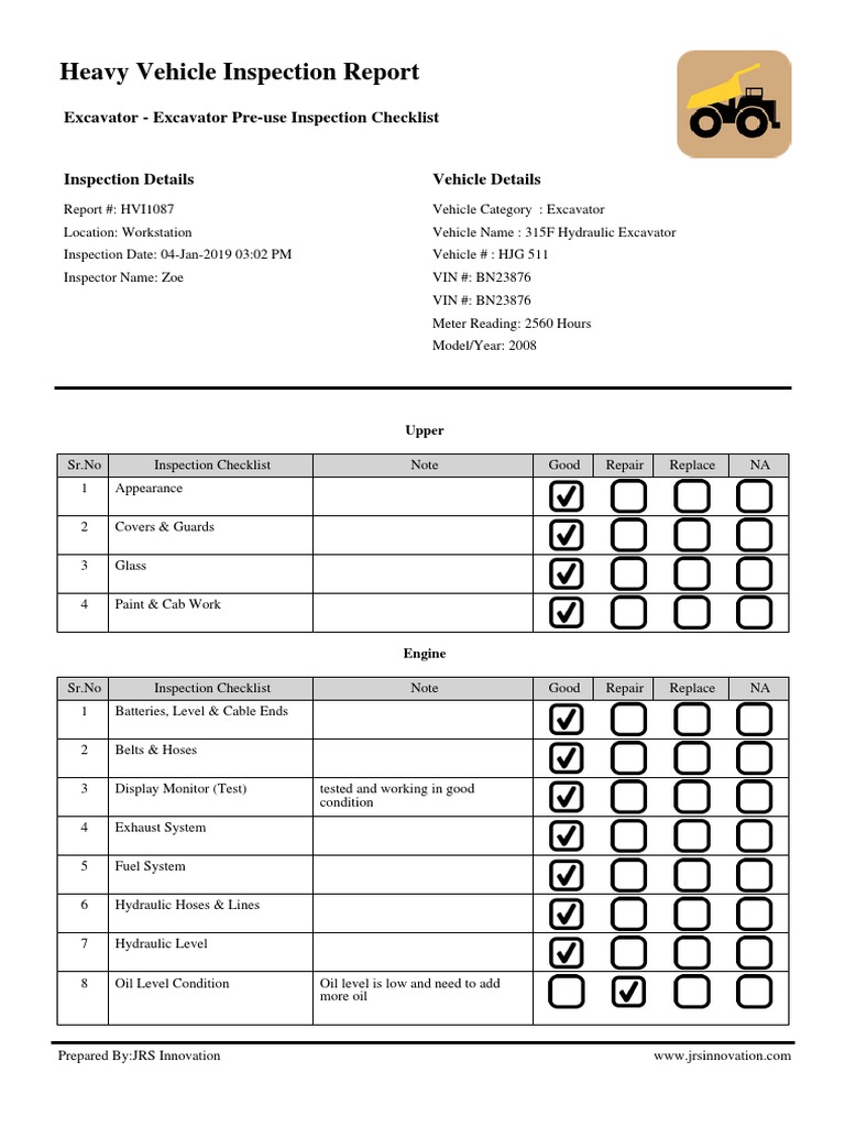 Heavy Vehicle Inspection Report: Excavator - Excavator Pre-Use ...