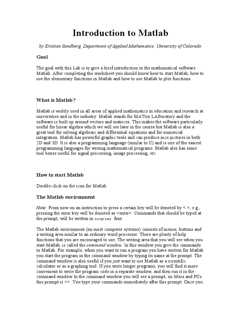 Introduction To Matlab: by Kristian Sandberg, Department of Applied Mathematics, University of ...