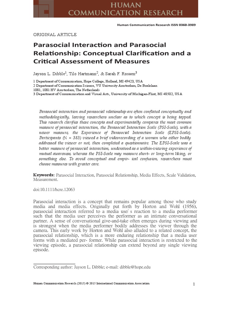 Parasocial Interaction and Parasocial Relationship: Conceptual Clarification and A Critical ...
