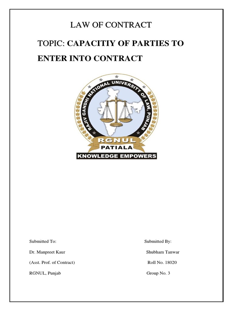 Enter Into Contract: Law of Contract Topic: Capacitiy of Parties To ...