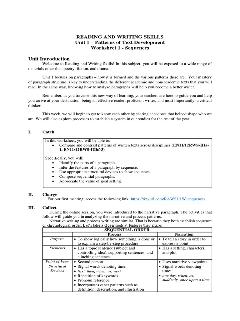 Reading and Writing Skills Unit 1 - Patterns of Text Development ...