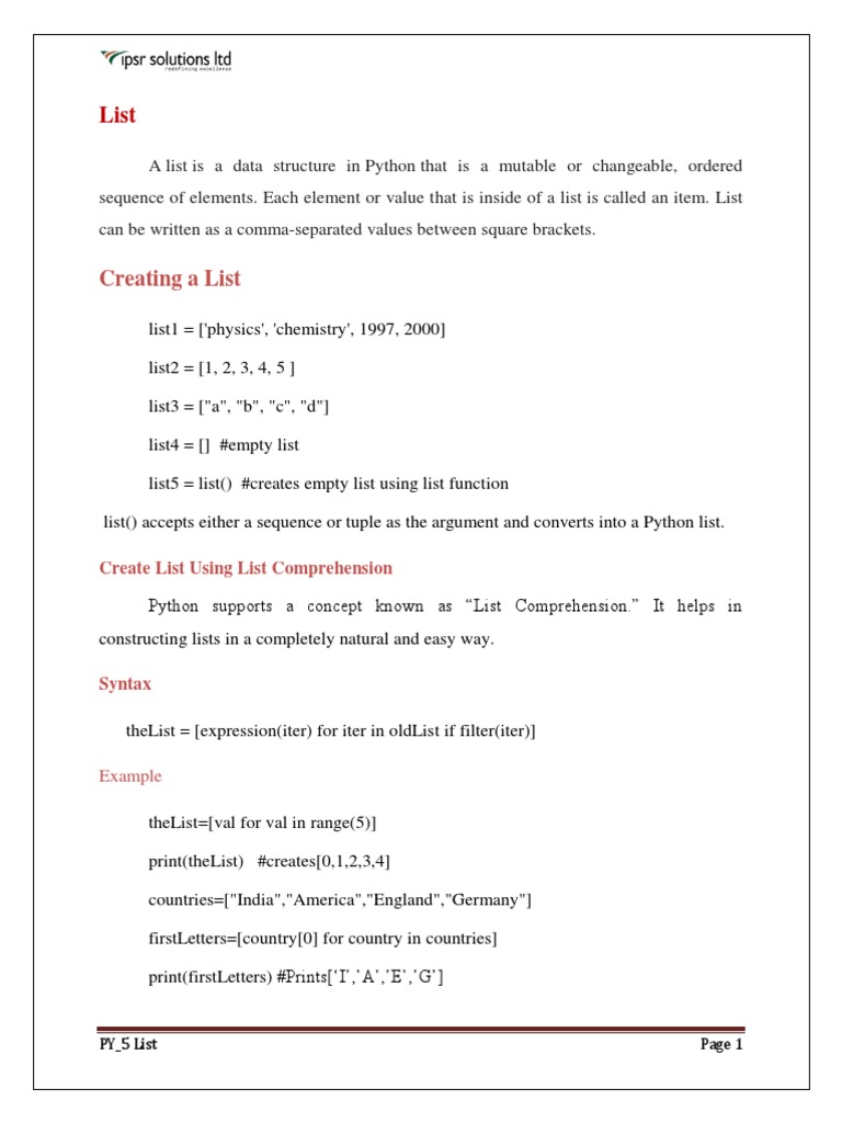 Creating A List: Create List Using List Comprehension | PDF | Computer ...