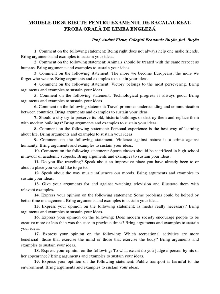 Modele de Subiecte Pentru Examenul de Bacalaureat Proba Orala de Limba ...