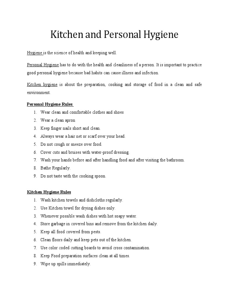Kitchen and Personal Hygiene | PDF | Hygiene | Foods