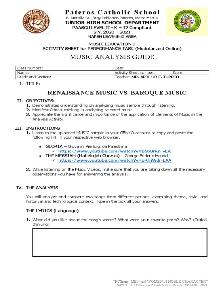 Music Analysis Guide: Pateros Catholic School | PDF | Elements Of Music ...