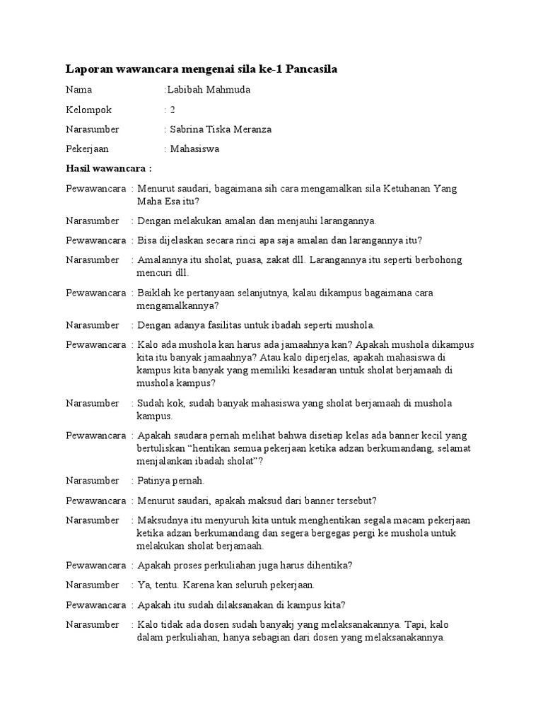 Laporan Wawancara Mengenai Sila Ke1 | PDF