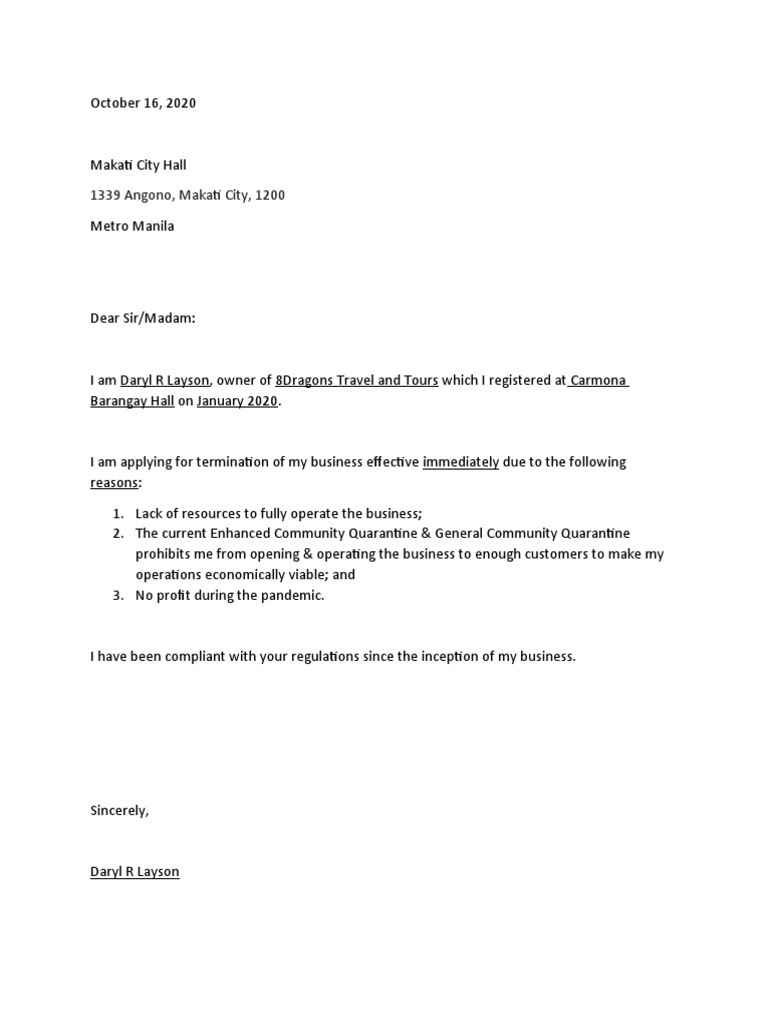 LGU Letter Request For Cessation of Business | PDF
