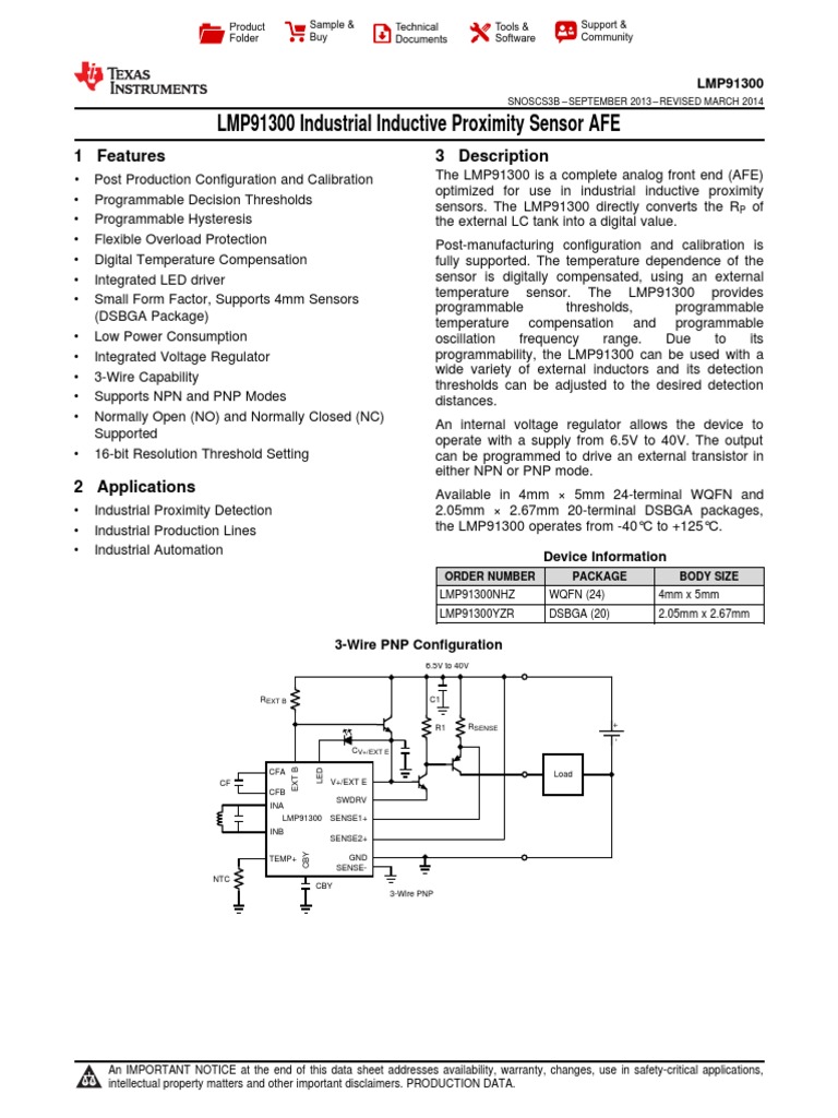 LMP91300 Industrial Inductive Proximity Sensor AFE: 1 Features 3 ...