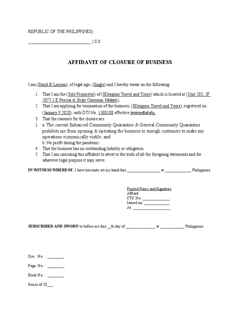 Affidavit of Closure of Business | PDF