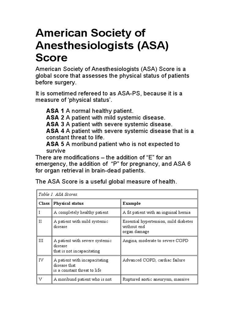 American Society of Anesthesiologists (ASA) Score | PDF