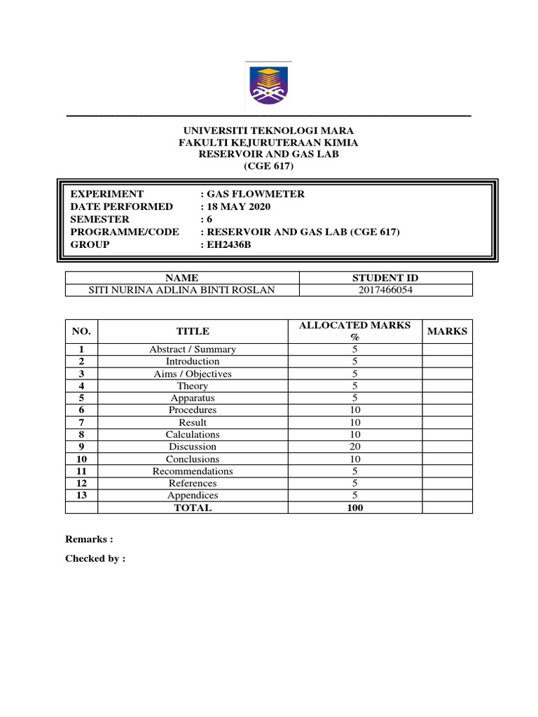 Siti Nurina Adlina Binti Roslan 2017466054 | PDF | Flow Measurement | Gases