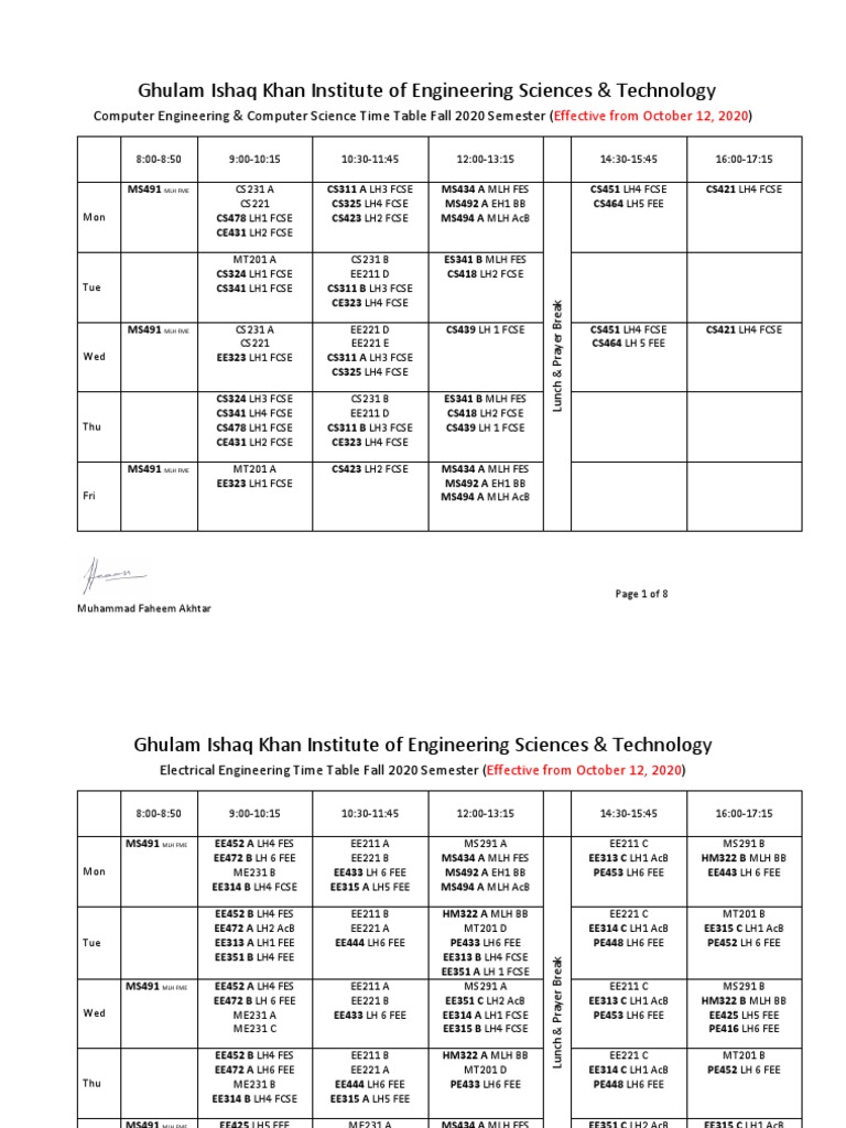 GIKI Fall 2020 Semester Timetable | PDF | Engineering